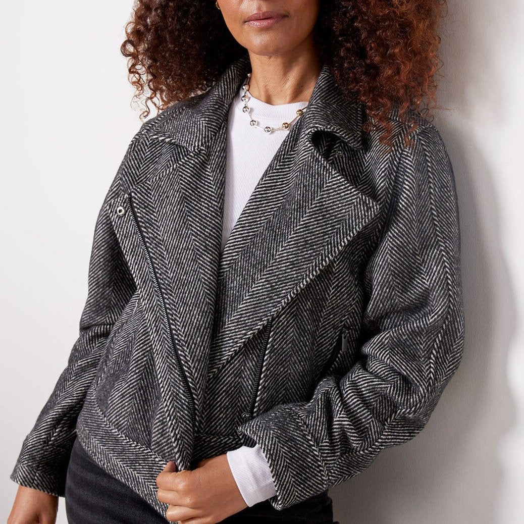 TIA HERRINGBONE CROPPED BIKER JACKET – Half Past Three